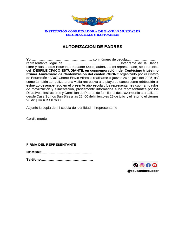 Autorizacion 1 Padres Educando Ecuador | PDF
