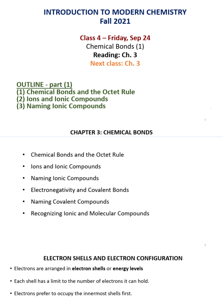 Lecture 3 - Chemical Bonds - An - Fa2021 | PDF | Ion | Chemical Bond