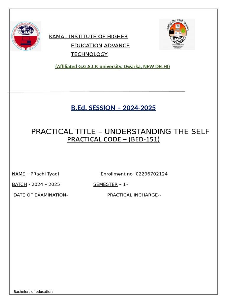 B Ed Practical Report Understanding Self Pdf