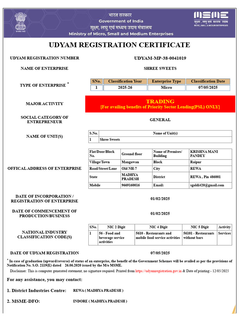 SHREE Sweets Amit Jee Udyam | PDF | Economies