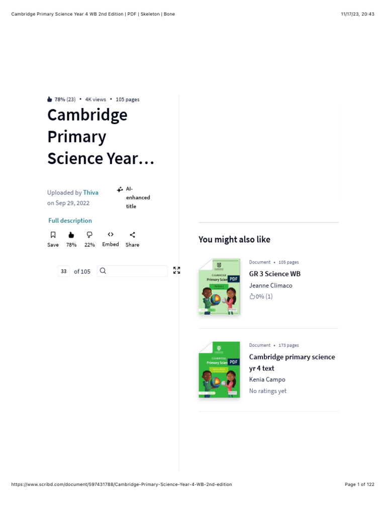 Cambridge Primary Science Year 4 WB 2nd Edition - PDF - Skeleton - Bone ...