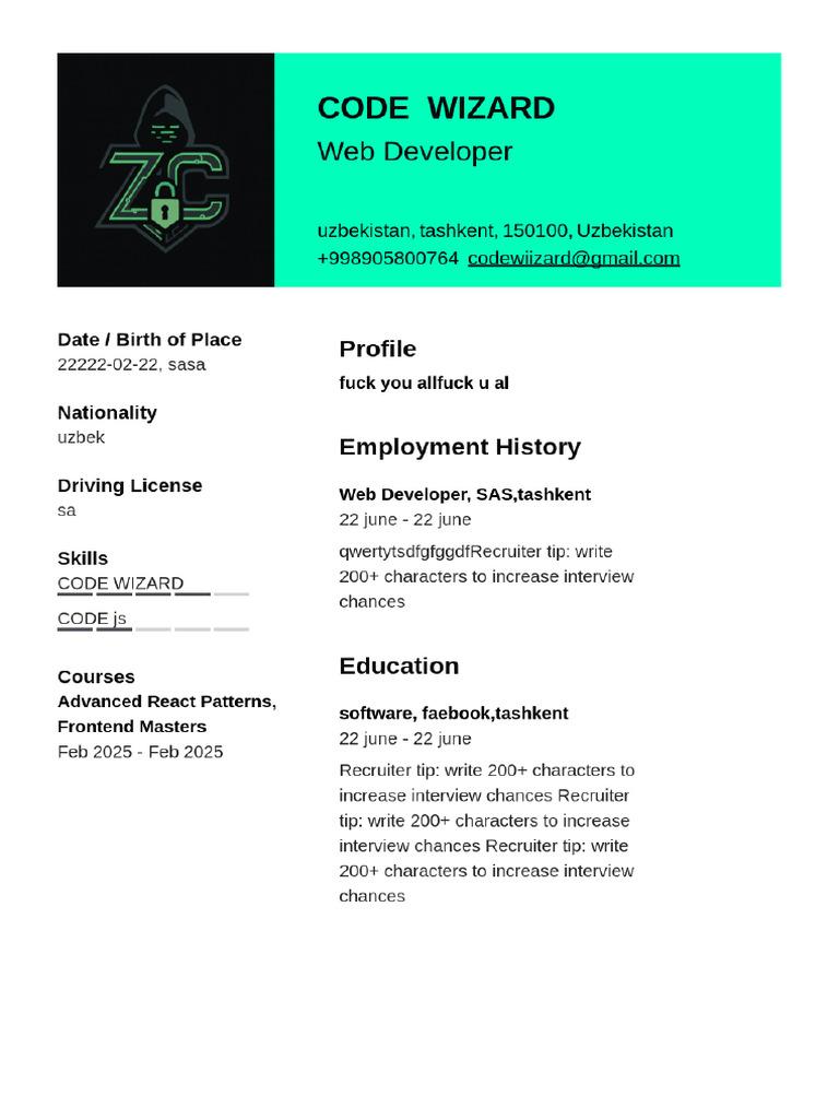 Code Wizard Resume | PDF