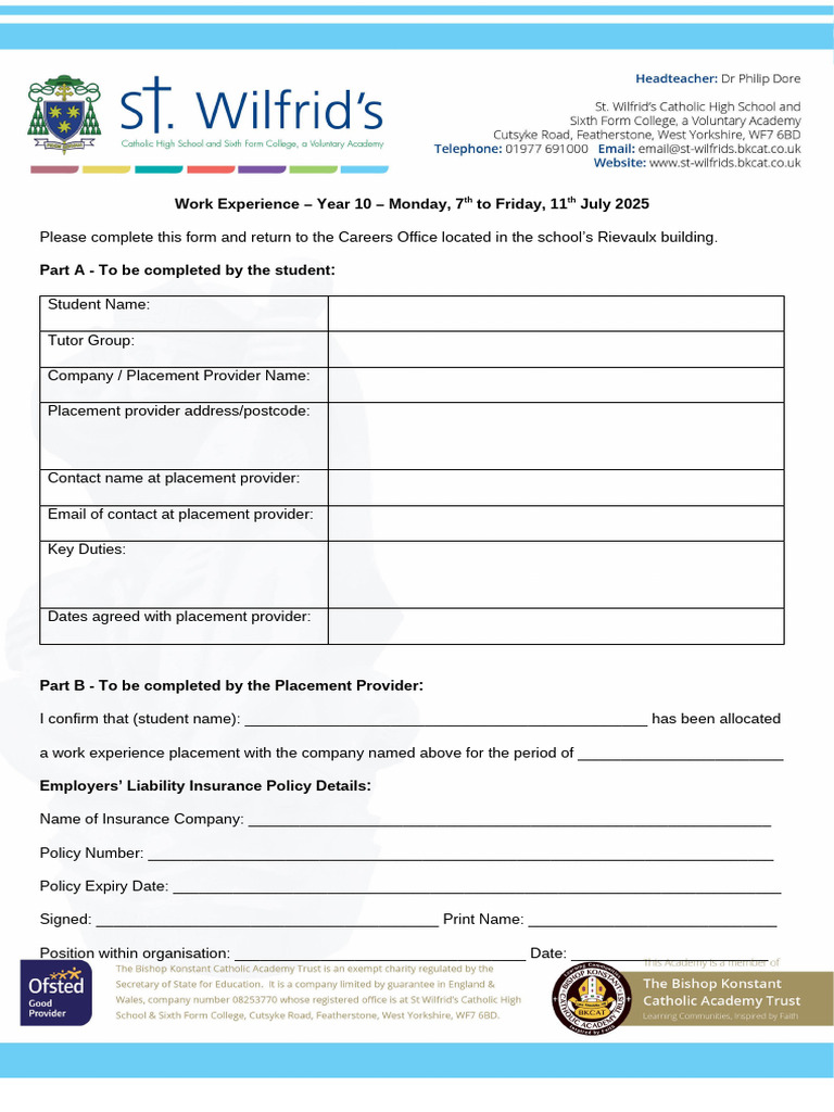Year 10 Work Experience Arrangement Form | PDF