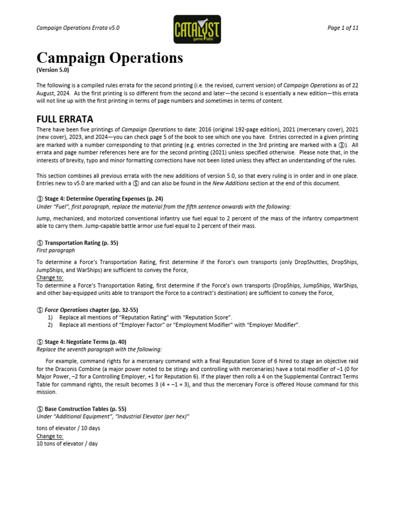 BattleTech - Rulebook - Campaign Operations Errata v5.0 (2024) - AqSz56 | PDF