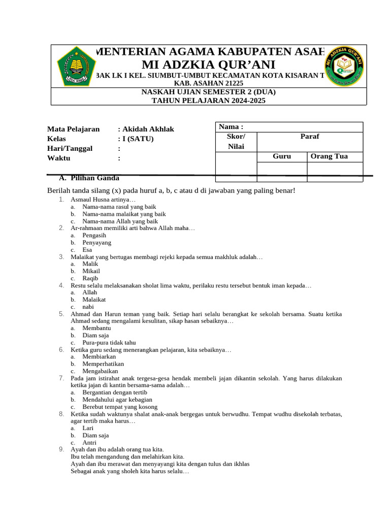 Akidah Akhlak Kelas 1 | PDF