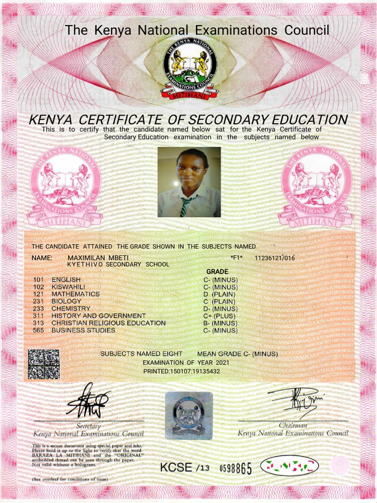 KCSE Certificate for Maximilan Mbeti 2021 | PDF