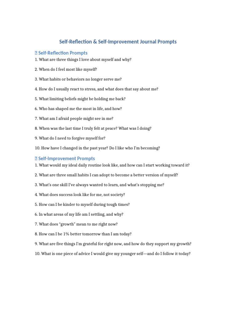 Self Reflection and Improvement Journal Prompts | PDF