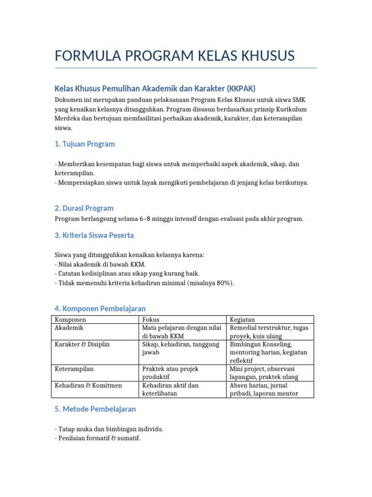 Formula Kelas Khusus KKPAK SMK KM | PDF