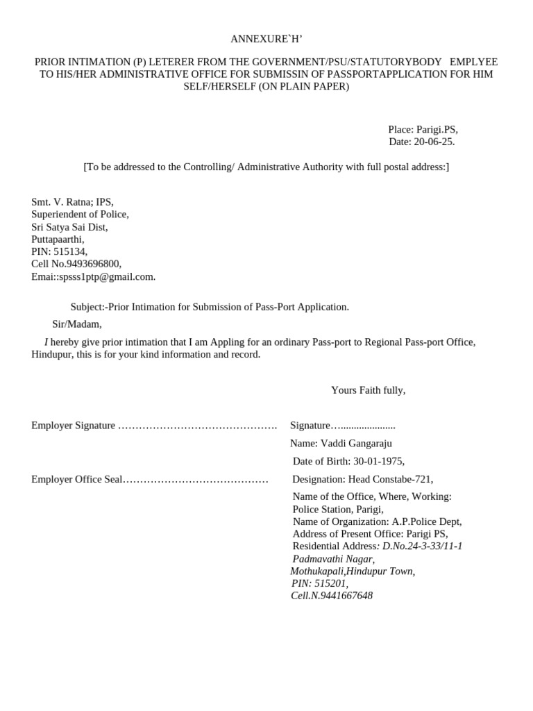 Passport Application Intimation Letter | PDF