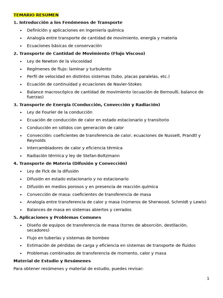 Temario Resumen Final Fenomenos | PDF | Fenómenos de transporte | Convección