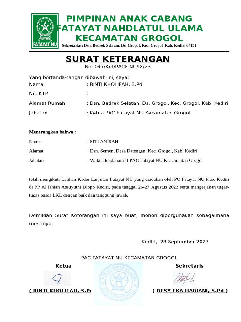 Surat Keterangan Latihan Kader Fatayat NU | PDF