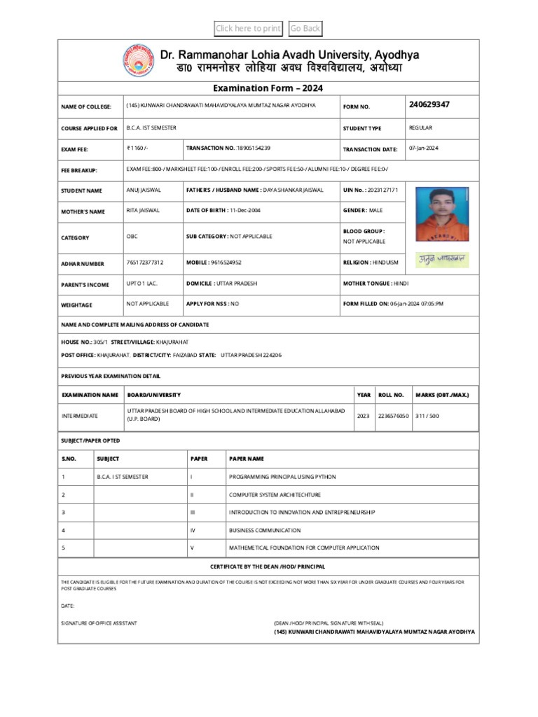 Dr. Rammanohar Lohia Avadh University, Ayodhya. | PDF | Qualifications
