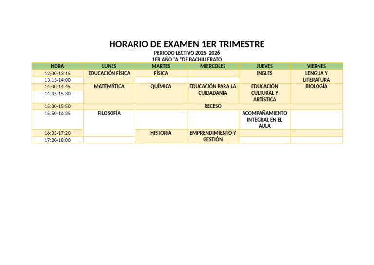 Horario de Examen 1er Trimestre 1ro A | PDF
