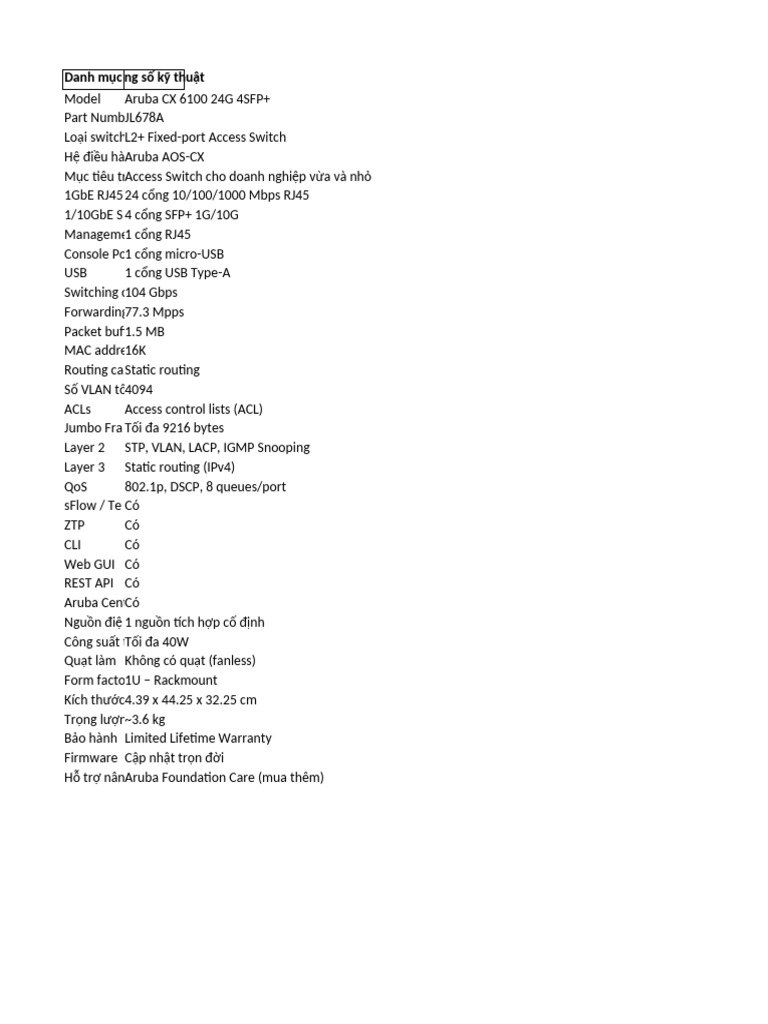 Hpe Aruba Cx6100 Jl678a Specs | PDF