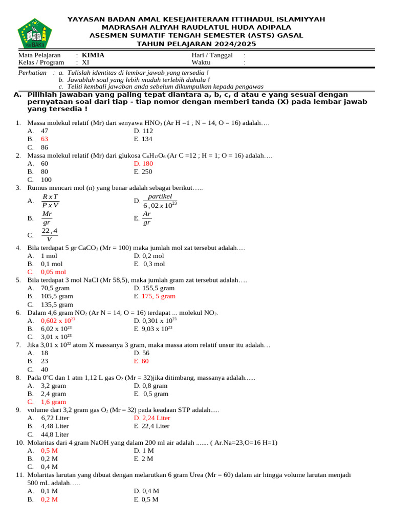 Soal Asts Ipa Kimia 11 | PDF
