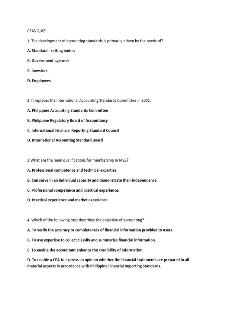 CFAS 1st Year Practice Quiz | PDF | International Financial Reporting Standards | Equity (Finance)