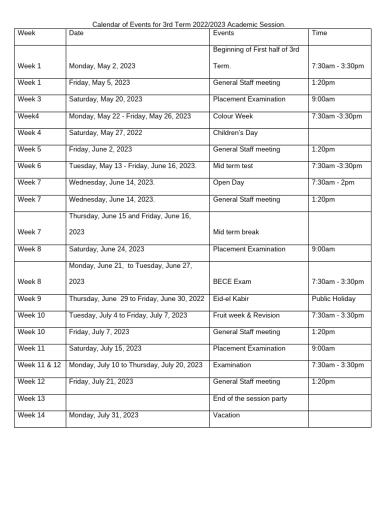 Calendar of Events For 3rd Term 2022 | PDF