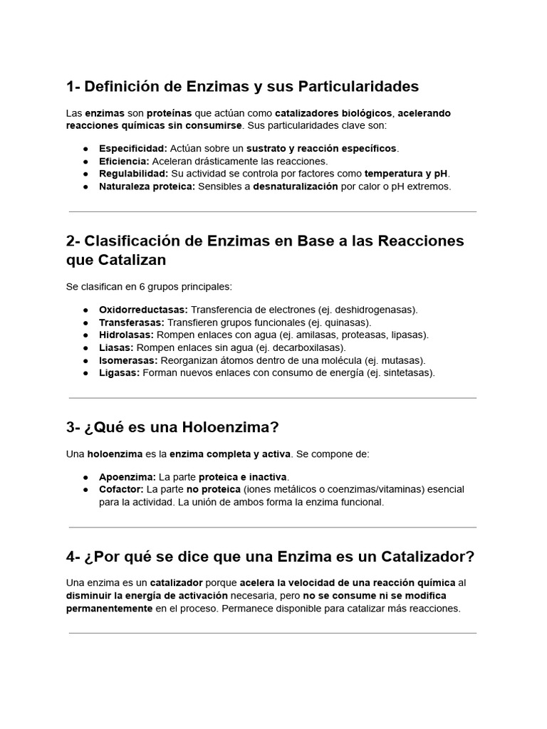 Resumen de Enzimas para Examen | PDF | Enzima | Biofísica Molecular