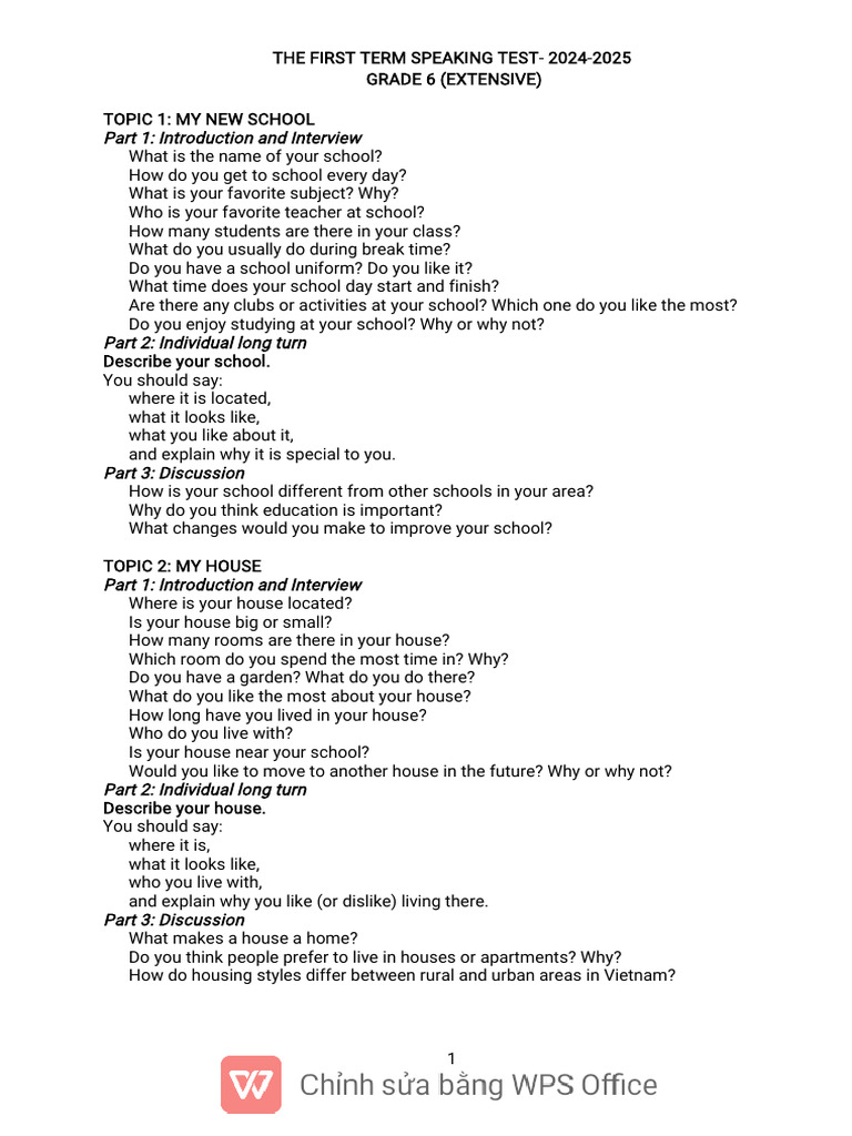 Grade 6 Speaking Test Topics 2024-2025 | PDF | Neighbourhood