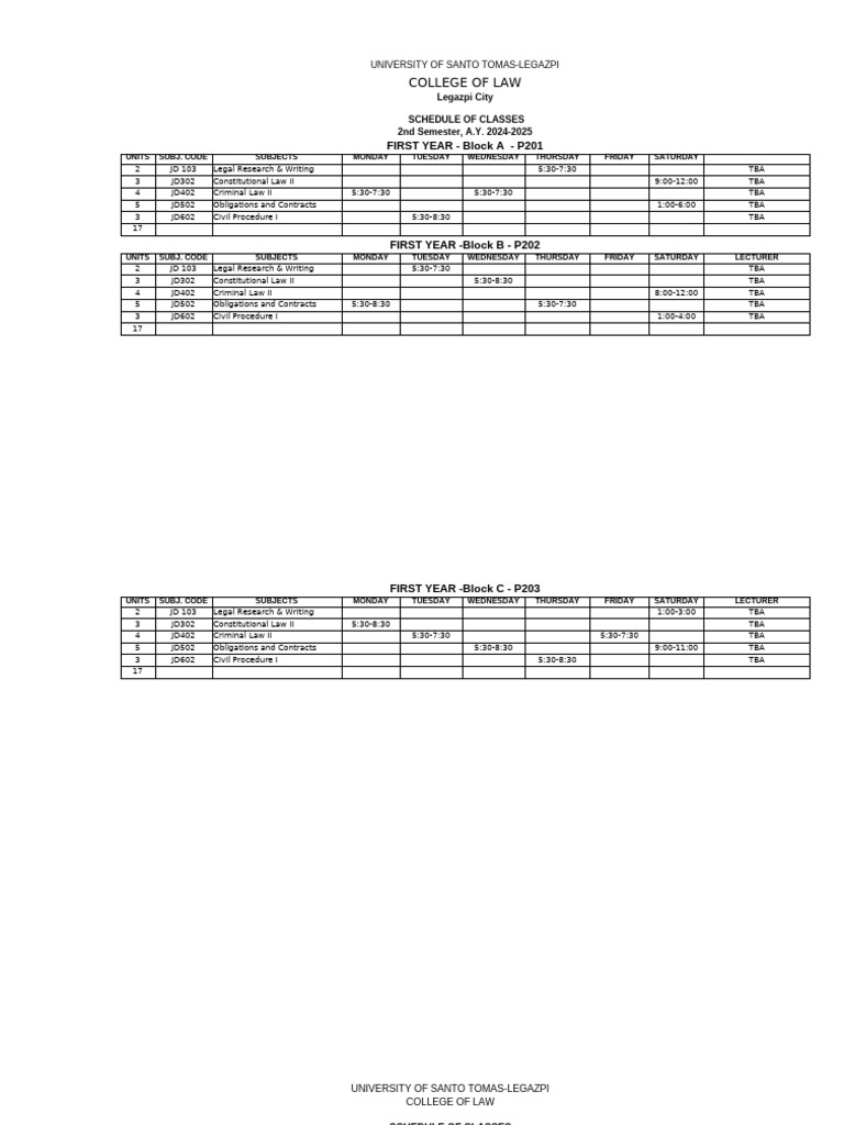 UST Legazpi Law Class Schedule 2024-2025 | PDF | Juris Doctor ...
