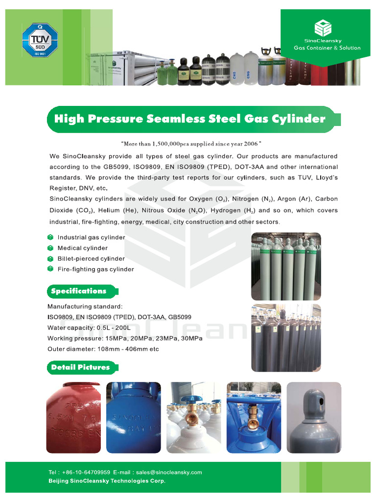 SinoCleansky High Pressure Seamless Steel Gas Cylinder Leaflet | PDF