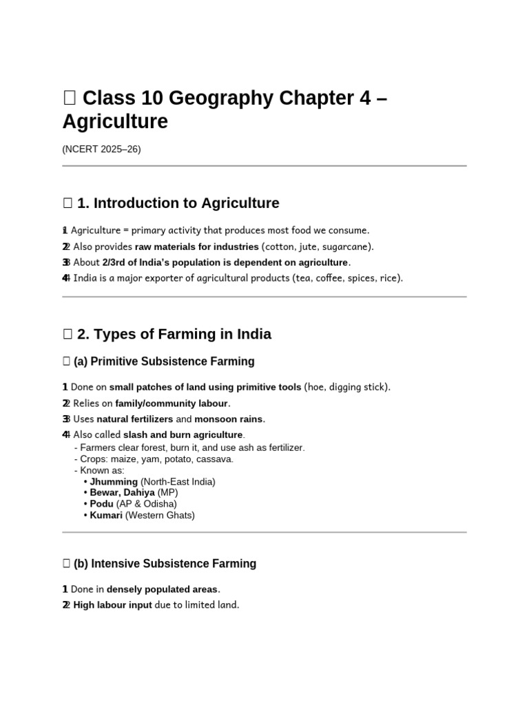 ? Class 10 Geography Chapter 4 - Agriculture | PDF | Agriculture | Crops