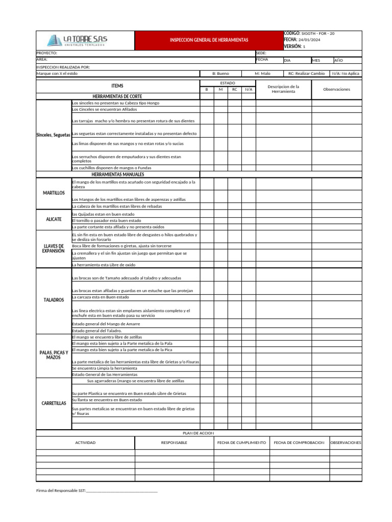 Formato Inspeccion Herramientas | PDF | Perforar | Herramientas de corte