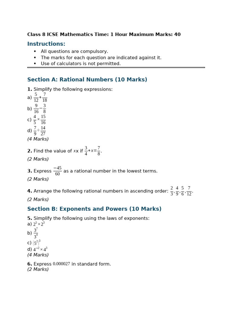 Class 8 ICSE Maths Question Paper | PDF