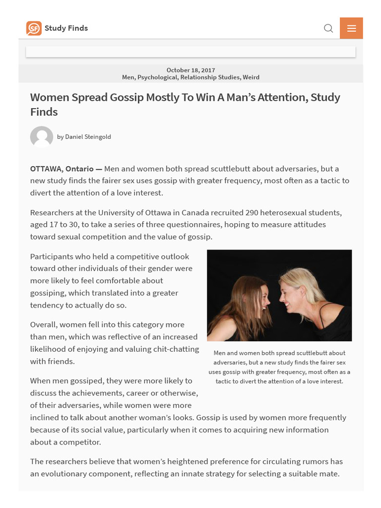 Women Spread Gossip Mostly To Win A Man's Attention, Study Finds | PDF | Love | Sexuality