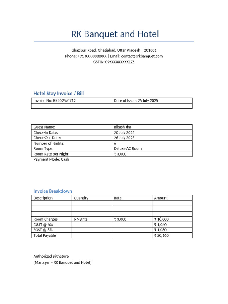 Sample Indian Hotel Bill RK | PDF