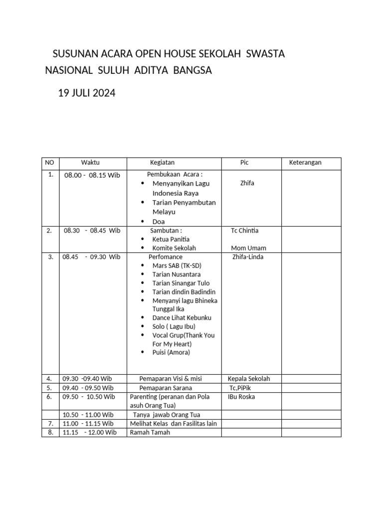 Susunan Acara Open House TK Aditya | PDF