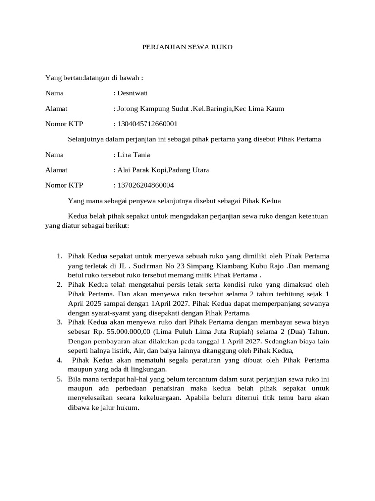 Perjanjian Sewa Ruko Desniwati-Lina Tania | PDF