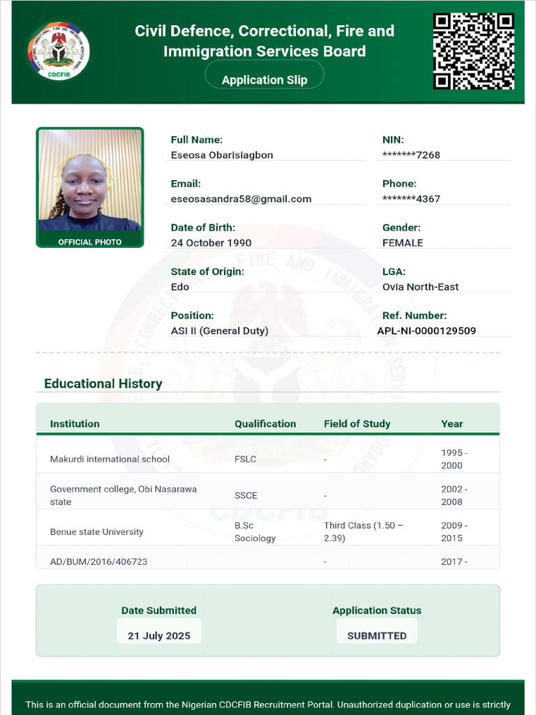 Eseosa - Sandra Obarisiagbon - Application-Slip | PDF