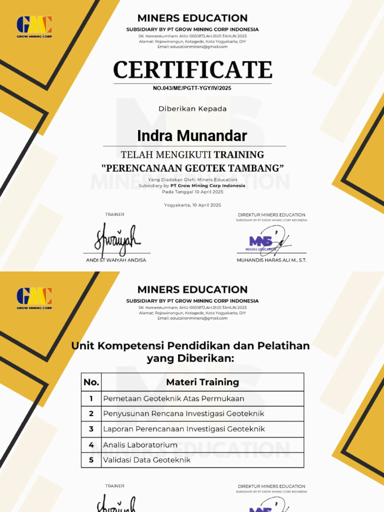Sertifikat Training - Perencanaan Geotek Tambang -Indra Munandar | PDF