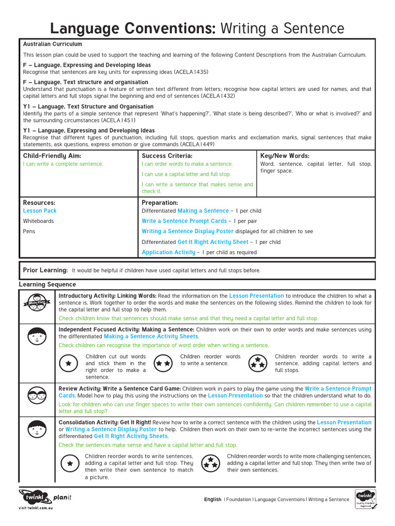 Foundation Language Conventions Lesson Plan | PDF | Sentence ...
