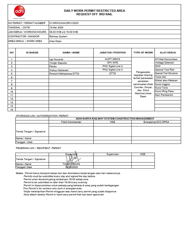 Permit Kegiatan SRWS Tanggal 19 Mei 2025 Area Depo | PDF