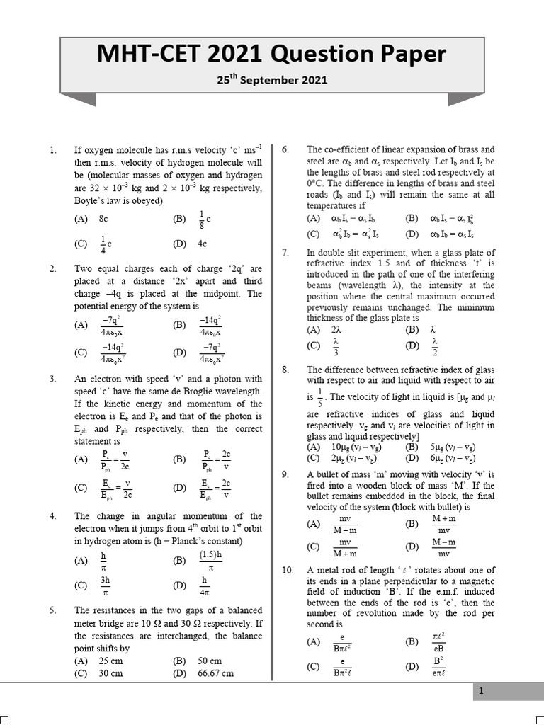 MHT CET 2021 PCB Question Paper | PDF | Gases | Inductor