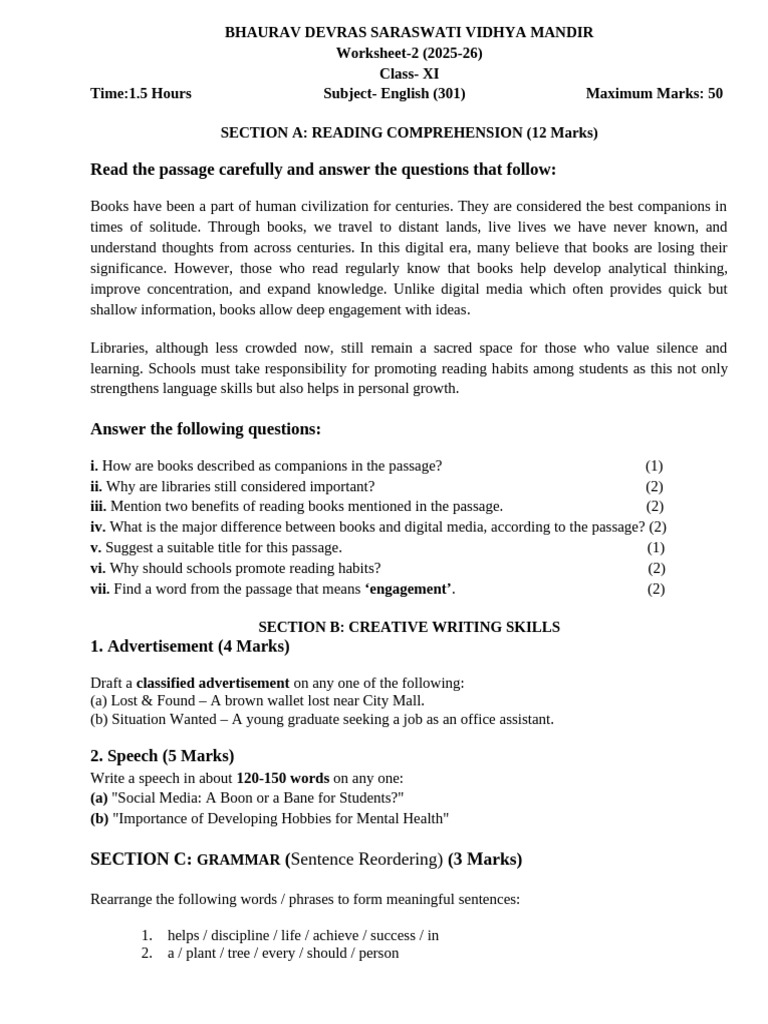 Class XI English Worksheet 2025-26 | PDF | Human Communication | Learning