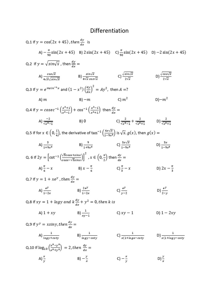 Class 12 Differentiation Questions | PDF