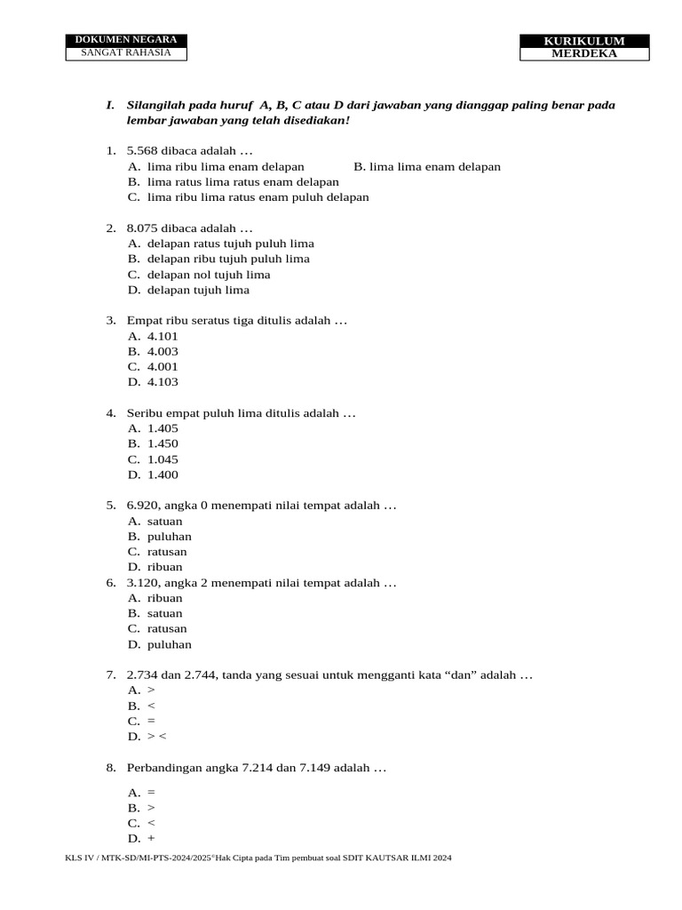 Contoh Soal MTK Uas Kelas 4 | PDF