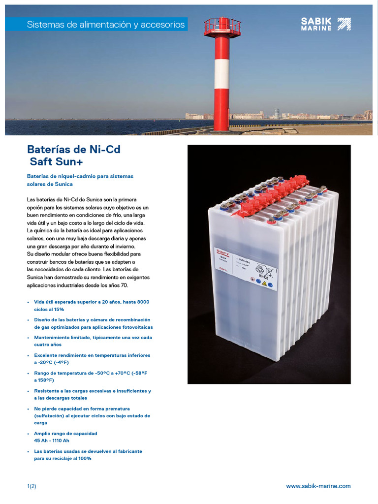SABIK MARINE SPAIN Datasheet Saft Sun+NiCd Batteries 2020 | PDF | Diseño | Electrónica