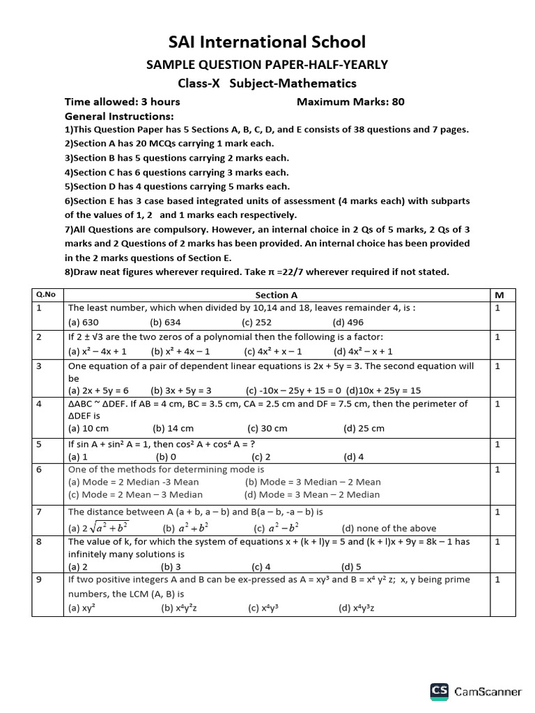 Class X Mathematics Half-Yearly Exam | PDF | Equations | Numbers