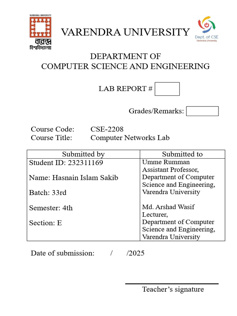 Varendra University Lab Report Cover Page | PDF