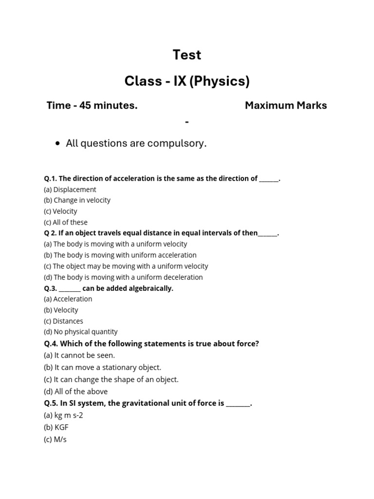 Test Class 9 Physics - English | PDF