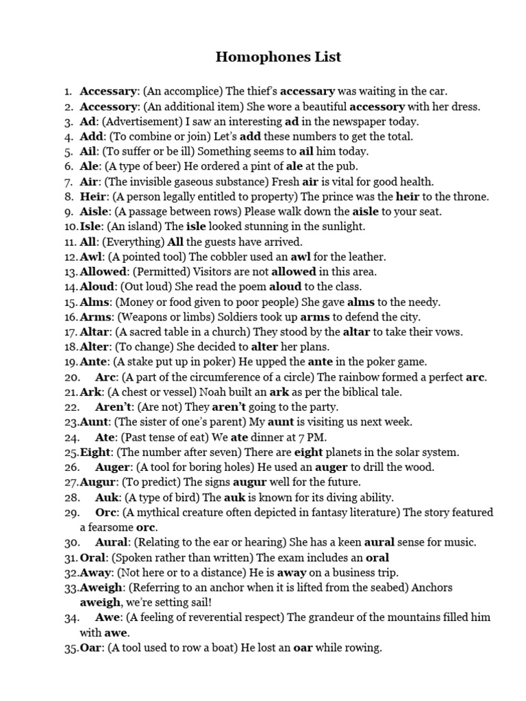 Homophones and Their Meanings | PDF