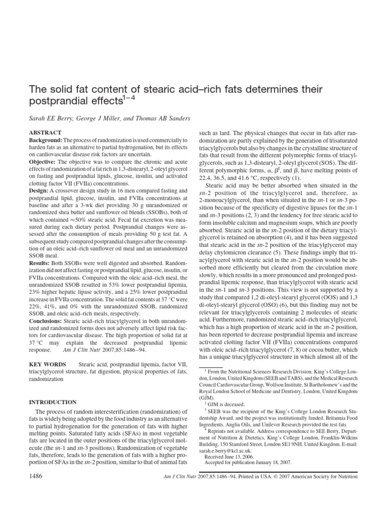 The Solid Fat Content of Stearic Acid-Rich Fats Determines Their ...