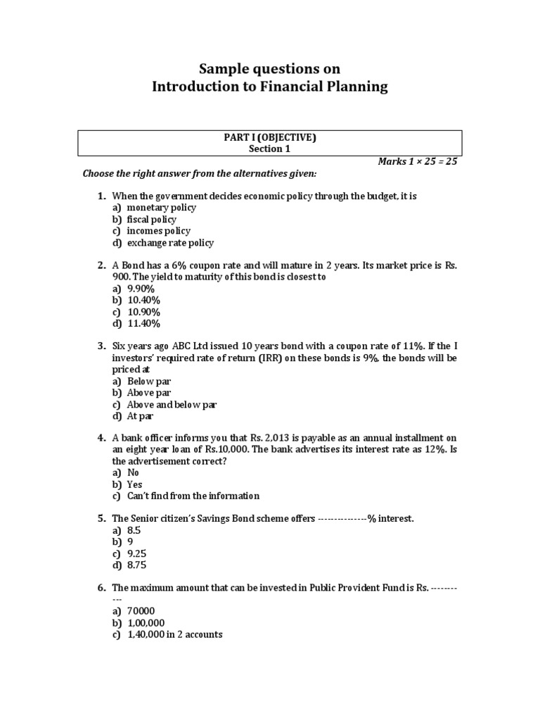 Financial Planning Exam Sample Questions | PDF | Bonds (Finance ...