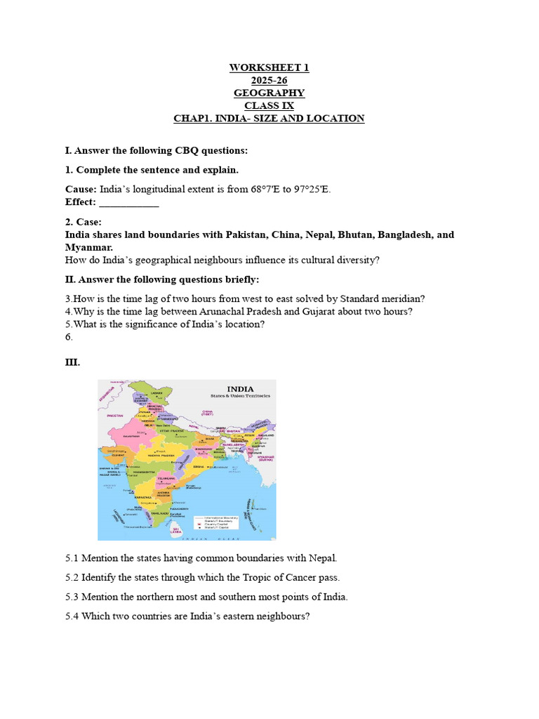 Class 9 Geo Worksheet CH1 India | PDF