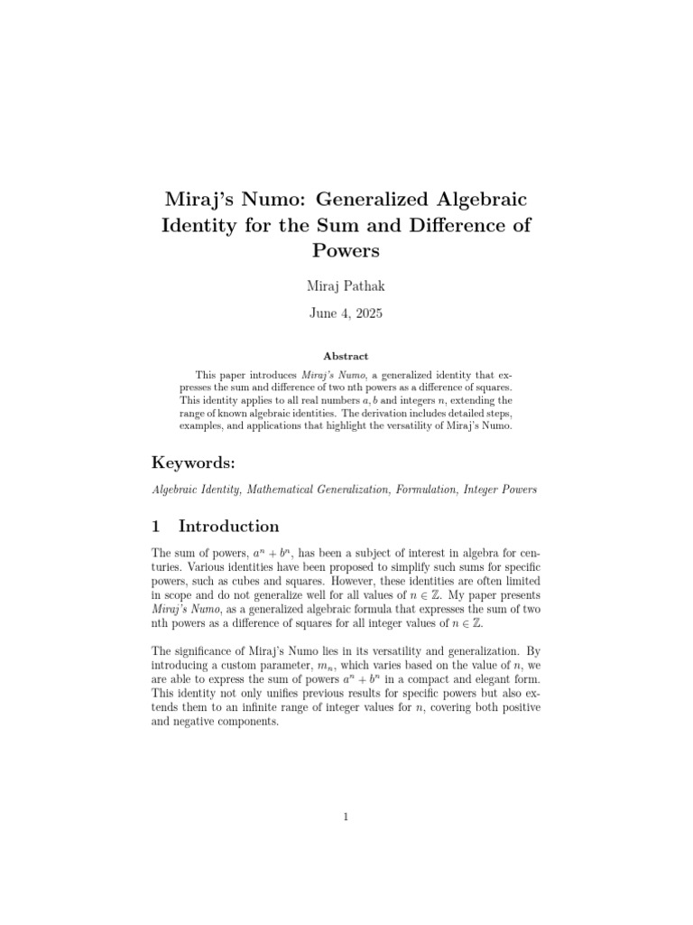 Miraj's Numo: Generalized Algebraic Identity For The Sum and Difference ...