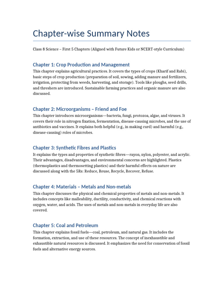 Class 8 Science Chapter Summaries | PDF